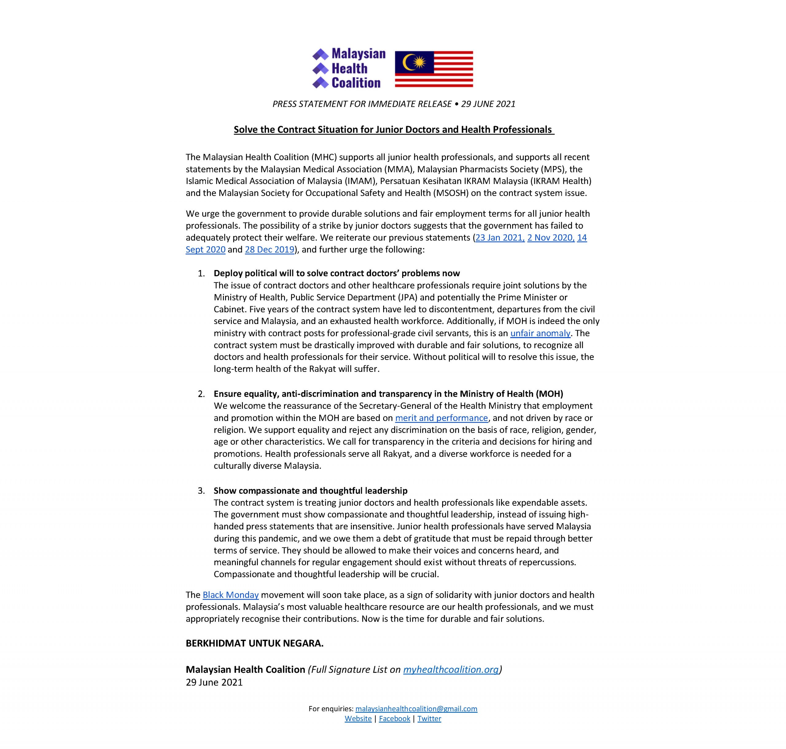 MHC: Solve the contract situation for junior doctors and health ...