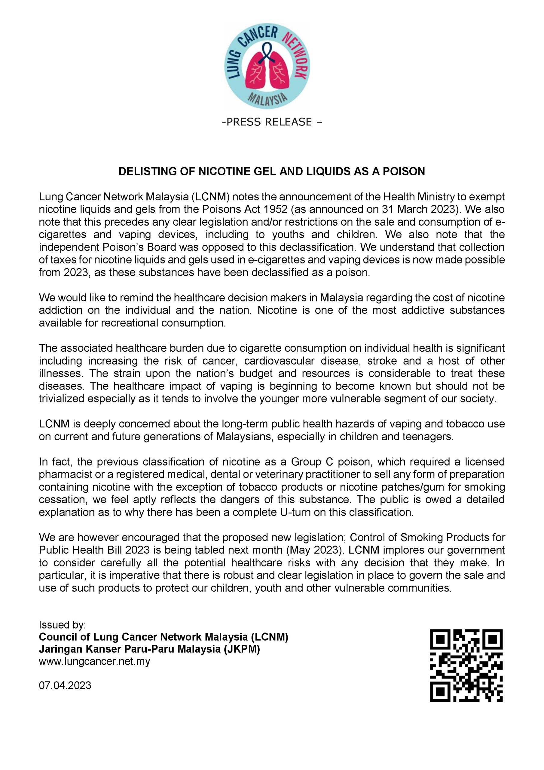 DELISTING OF NICOTINE GEL AND LIQUIDS AS A POISON - Lung Cancer Network ...